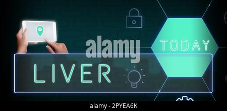 Hand writing sign Liver. Word for Large lobed glandular organ in the ...