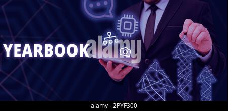 Sign displaying Yearbook. Word for publication compiled by graduating ...