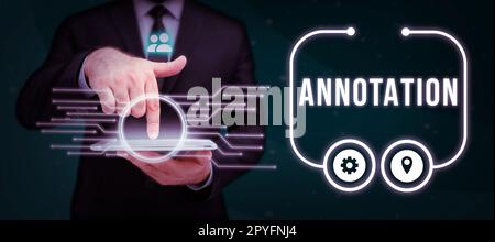 Writing displaying text Annotation, Conceptual photo note added by way of comment or explanation ...