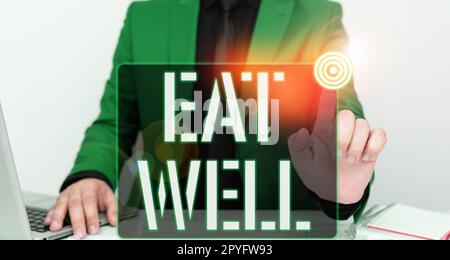 Sign displaying Eat Well. Business overview Practice of eating only ...