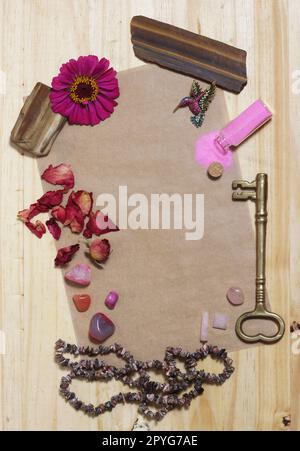 Pink Flower With Pink Stones and Brass Key on old Paper Pink Theme ...