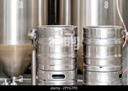 stainless steel beer barrel in the brewery Stock Photo - Alamy