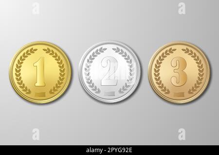 Blank silver medal with ribbon mockup lying, side view, 3d rendering ...
