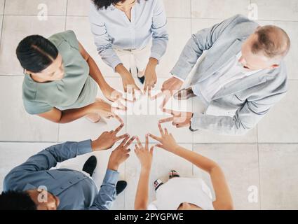 Team, hands or peace star sign with diversity teamwork, collaboration or team building on desk ...