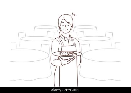 Smiling waitress in uniform serving meal in restaurant. Happy ...