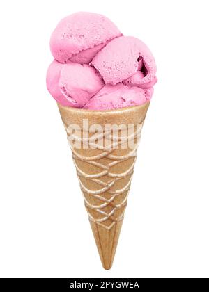 Strawberry soft ice cream in crispy waffle cone with fresh berries ...