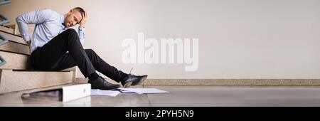 Fall And Fall Injury Accident At Workplace. Man Fell Down Stairs Stock ...