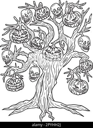 Halloween Haunted Tree Coloring Page Illustration Stock Vector Image ...