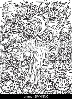 Halloween Haunted Tree Coloring Page Illustration Stock Vector Image ...