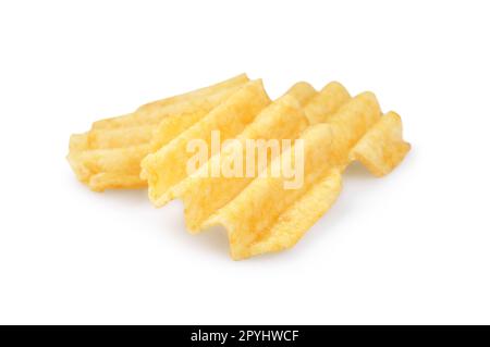 Delicious ridged potato chips on white background, top view Stock Photo ...