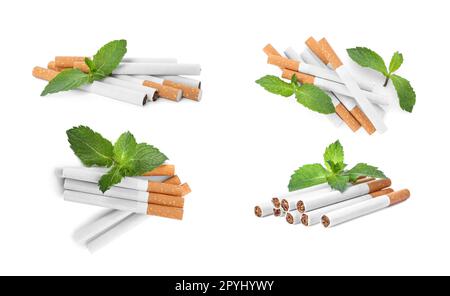 Set with menthol cigarettes and fresh mint leaves on white background ...