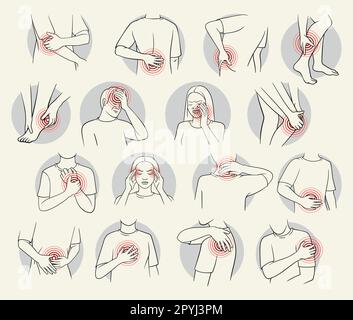 Human body pain sketch set. Ache in head, neck, shoulder, knee, chest ...