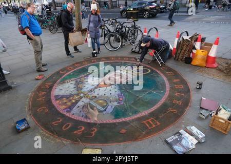 London, UK. An almost completed chalk portrait by Julian Beever of King ...