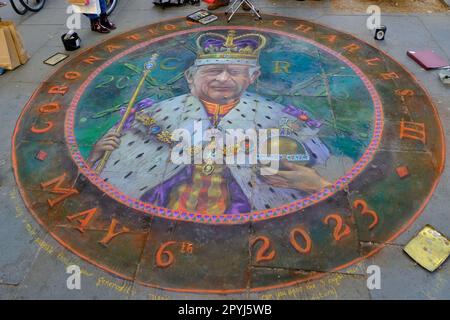 London, UK. An almost completed chalk portrait by Julian Beever of King ...