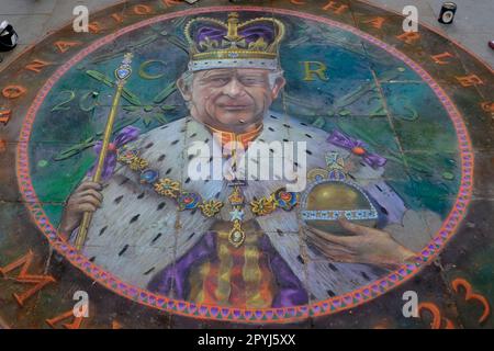 London, UK. An almost completed chalk portrait by Julian Beever of King ...