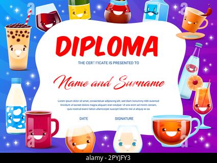 Sommelier or bartender diploma. Cartoon drink and cocktail characters ...
