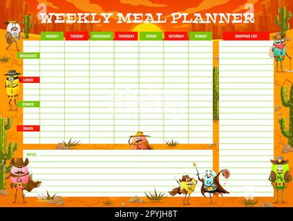 Weekly meal planner of Western cartoon cowboy, bandit and ranger fruit ...