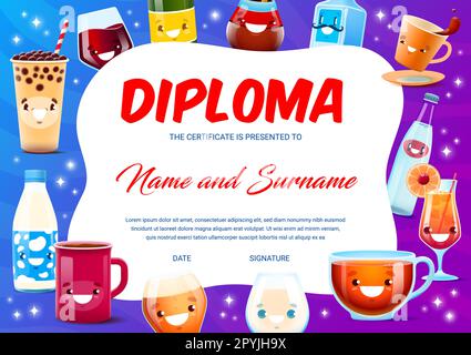 Sommelier or bartender diploma with cartoon drink and cocktail ...