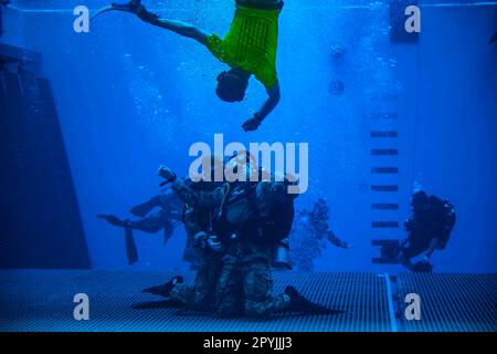 Students in the Air Force Combat Dive Course use compasses to navigate ...