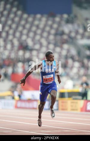 Justin Gatlin running the 100m at the 2019 World Athletics ...