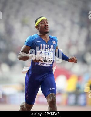 Mike Rodgers running the 100m at the 2019 World Athletics Championships ...