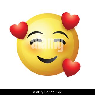 Blush face with hearts emoji icon. Yellow face emoticon blushing vector ...