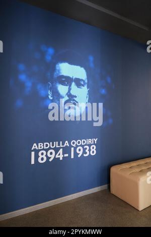 At the front entrance to the exhibition, a large portrait of the writer ...