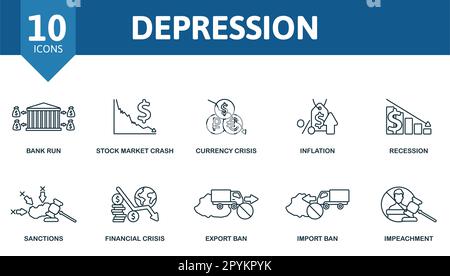Depression outline set. Creative icons: bank run, stock market crash ...