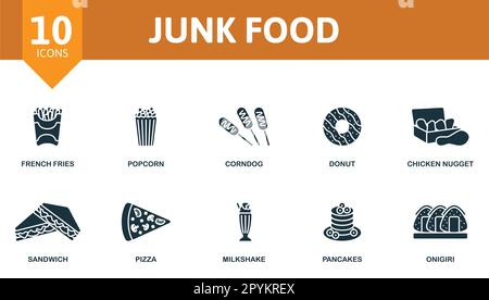 Junk food outline set. Creative icons: french fries, popcorn, corndog ...