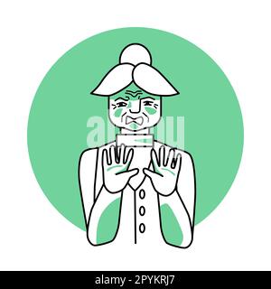 Old woman with emotion of disgust, green and white. Disgusted mood half ...