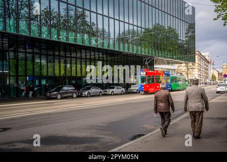Tram passing by Messe Basel, Basel exhibition and trade centre, Basel ...