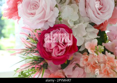 Fake flowers decorate the interior of a hotel, Beautiful colors of fake ...