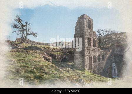 A digital watercolour painting of the ruins of Cheesden Lum Mill and ...