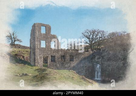 A digital watercolour painting of the ruins of Cheesden Lum Mill and ...