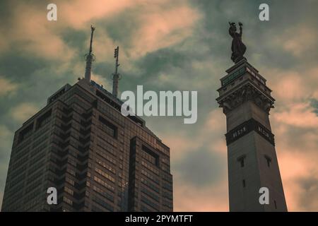 The downtown Indianapolis, Indiana featuring the iconic Monument Circle ...