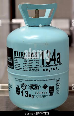 Cairo, Egypt, May 2 2023: BTTRI GAS R -134a Freon , a colorless gas at ...