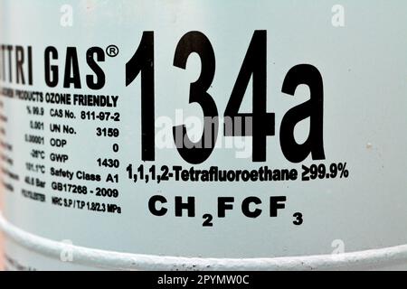 Cairo, Egypt, May 2 2023: BTTRI GAS R -134a Freon , a colorless gas at ...