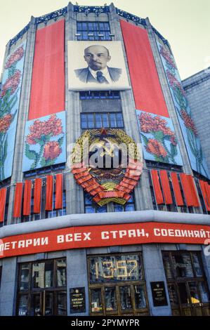 Central Telegraph building on Tverskaya Street illuminated at dusk ...