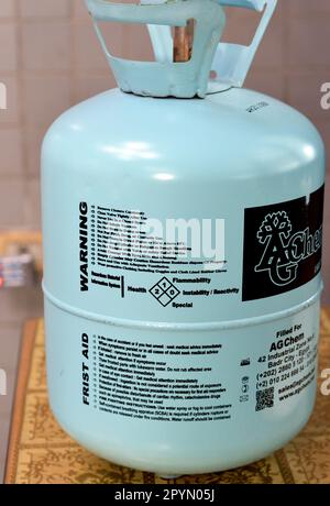 Cairo, Egypt, May 2 2023: BTTRI GAS R -134a Freon , a colorless gas at ...