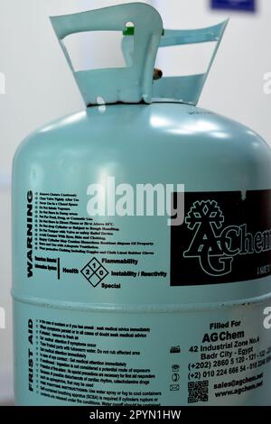 Cairo, Egypt, May 2 2023: BTTRI GAS R -134a Freon , a colorless gas at ...