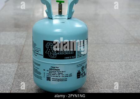 Cairo, Egypt, May 2 2023: BTTRI GAS R -134a Freon , a colorless gas at ...