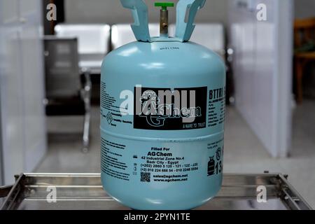 Cairo, Egypt, May 2 2023: BTTRI GAS R -134a Freon , a colorless gas at ...