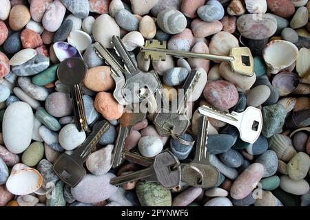 A pattern of different types of keys from locks laid out on black ...