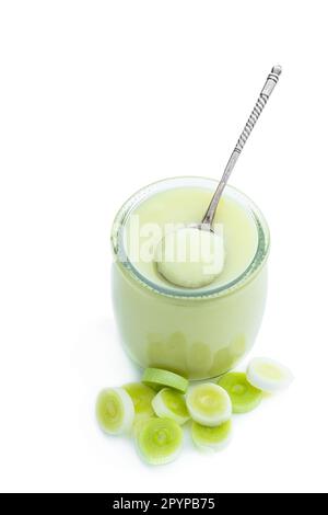 Vegetable leek puree in a glass jar isolated on white Stock Photo - Alamy