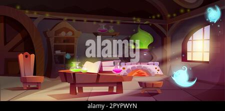 Alchemist laboratory, witch or wizard room with magic potions, books ...