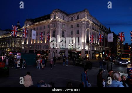 London England, UK. 04/05/2023, Streets are festooned with the Union ...