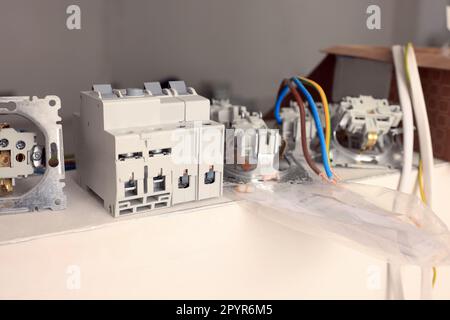Power sockets with wires and residual-current device indoors Stock ...