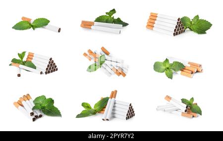 Set with menthol cigarettes and fresh mint leaves on white background ...