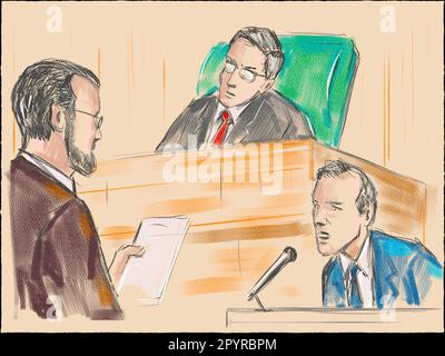 Pastel pencil pen and ink sketch illustration of a courtroom trial ...