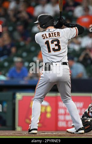 San Francisco Giants' Austin Slater watches his two-run double during ...
